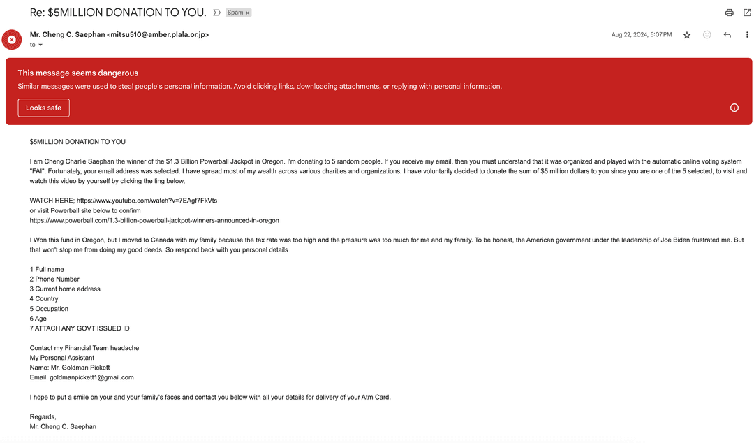 Fraud: Re: $5MILLION DONATION TO YOU | Mr. Cheng C. Saephan | Secure Techie