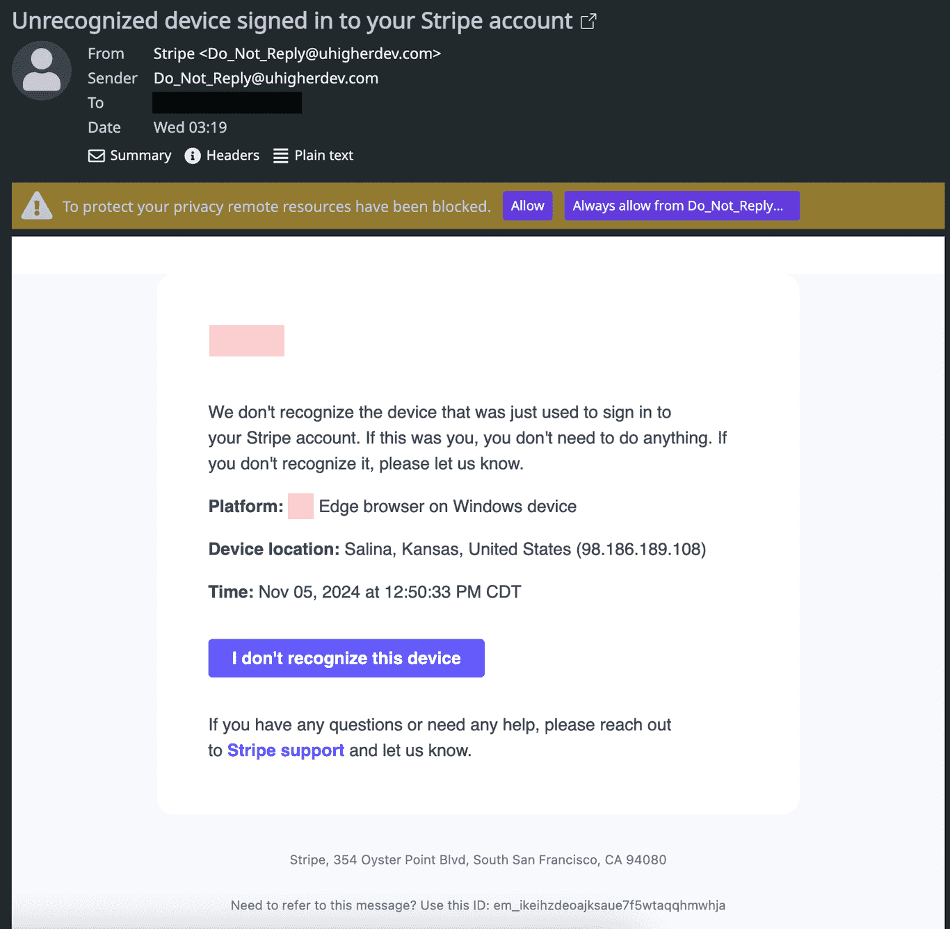 Phishing: Unrecognized device signed in to your Stripe account | Secure ...