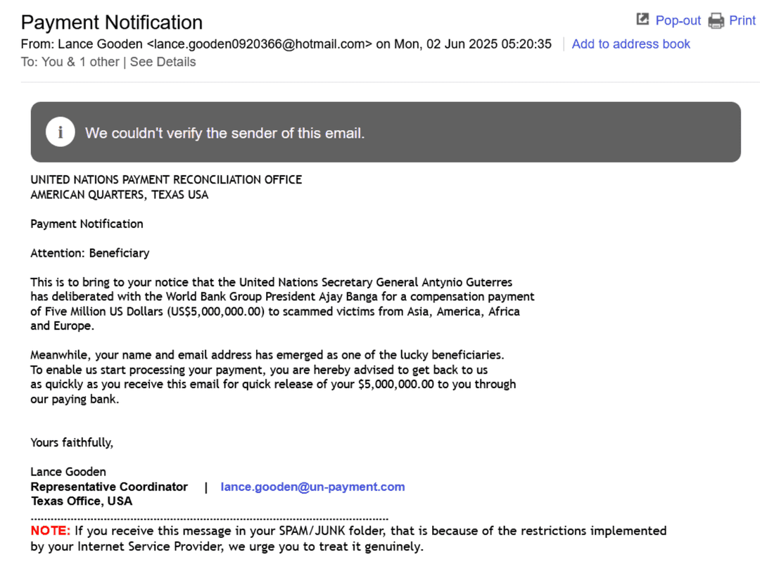 Scam: Payment Notification — United Nations Compensation (Lance Gooden) | Secure Techie